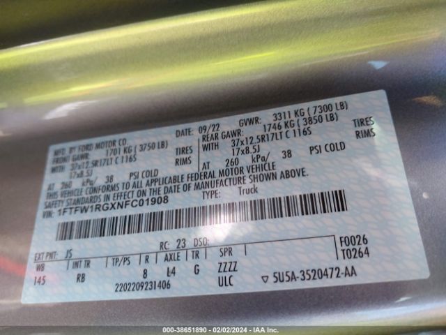 1FTFW1RGXNFC01908, 2022 Ford F-150 Raptor vehicle history