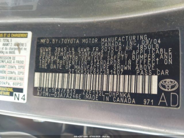 2T1KR32E65C381407, 2005 Toyota Matrix Xr vehicle history