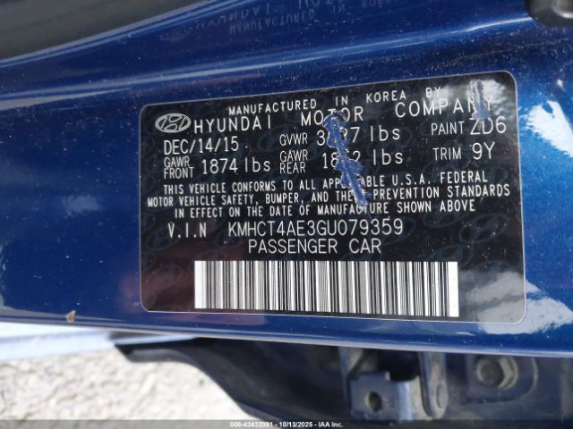 KMHCT4AE3GU079359, 2016 Hyundai Accent Se vehicle history