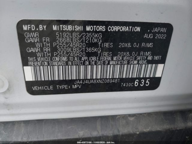 JA4J4UA8XNZ089481, 2022 Mitsubishi Outlander Black Edition S-awc/se 2.5 ...