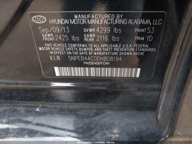 5NPEB4AC0DH808194, 2013 Hyundai Sonata Gls vehicle history