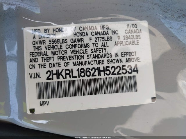 2HKRL18621H522534, 2001 Honda Odyssey Ex vehicle history