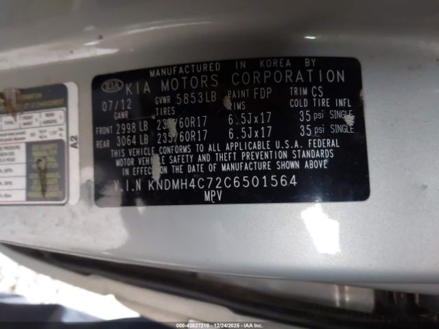 KNDMH4C72C6501564, 2012 Kia Sedona Ex vehicle history