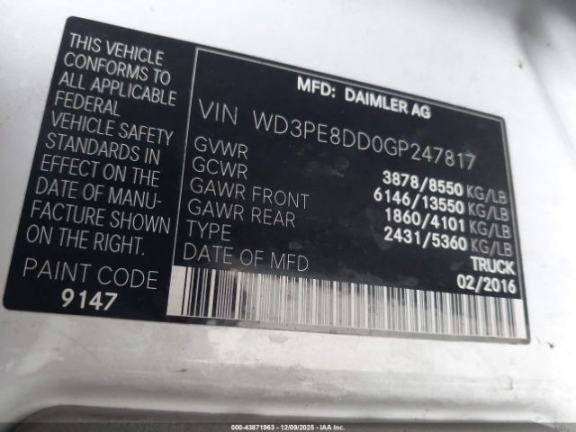 WD3PE8DD0GP247817, 2016 Mercedes-benz Sprinter 2500 High Roof historia ...