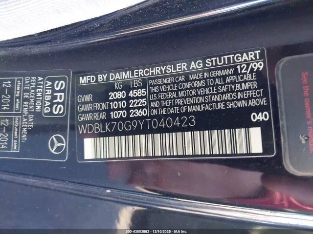 WDBLK70G9YT040423, 2000 Mercedes-benz Clk 430 vehicle history
