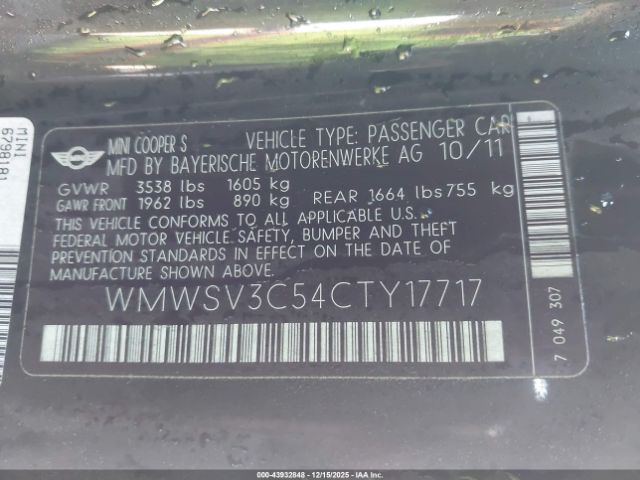 WMWSV3C54CTY17717, 2012 Mini Cooper S vehicle history