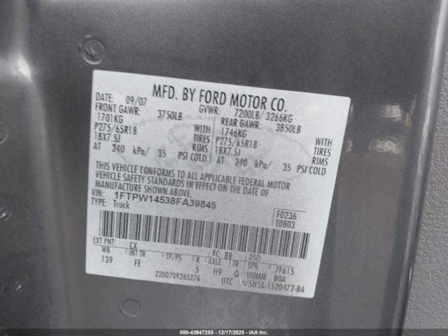 1FTPW14538FA39845, 2008 Ford F-150 60th Anniversary/fx4/king Ranch ...