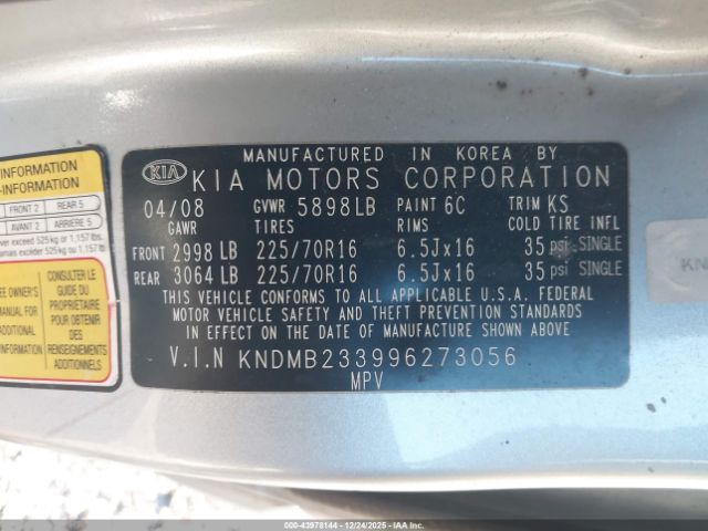 KNDMB233996273056, 2009 Kia Sedona Lx vehicle history