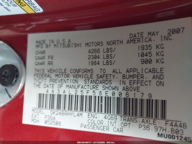 4A3AL25F58E006179, 2008 Mitsubishi Eclipse Spyder Gs vehicle history