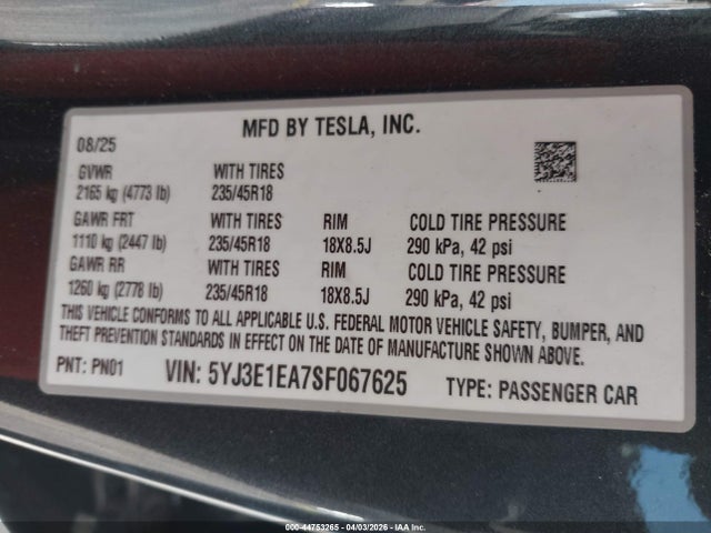 5YJ3E1EA7SF067625, 2025 Tesla Model 3 Long Range Rear-wheel Drive ...
