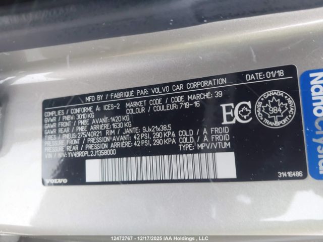 YV4BR0PL2J1358000, 2018 Volvo Xc90 Hybrid T8 Inscription vehicle history